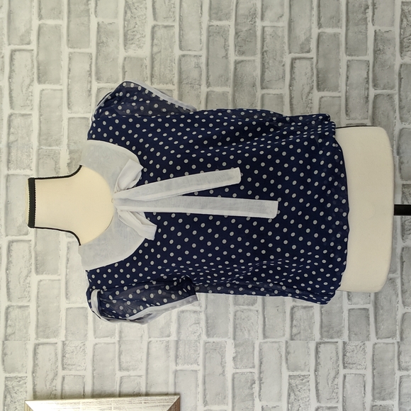 Tops | Navy Blue White Polka Dot Blouse W Ribbon Tie Small | Poshmark